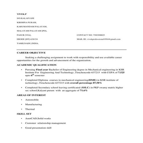 VIVEK MECHANICAL Resume 1 | PDF