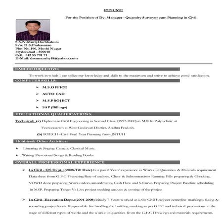Resume for the Position of Dy. Manager- QS Cum Planning Engineer | DOCX