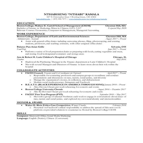 Nthabiseng Kamala Resume (May 2018) | PDF