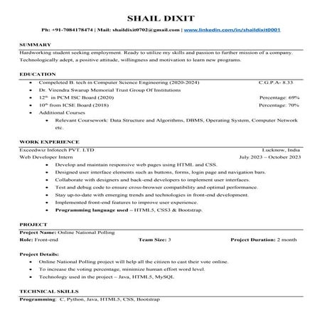 Shail Dixit resume for job to get placed | PDF
