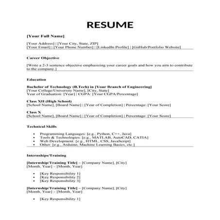 RESUME Format for final year Engineering students | DOCX