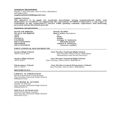 RESUME.-.docx for work immersion in grade 12 students | DOCX
