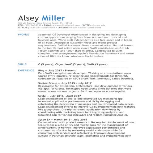 Resume - Alsey Coleman Miller - iOS Developer | PDF
