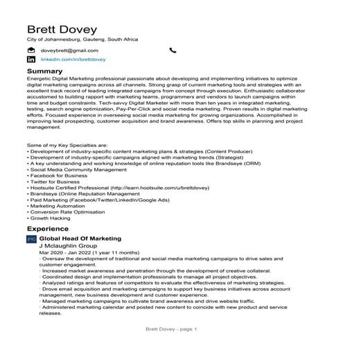 Resume Brett Dovey | PDF