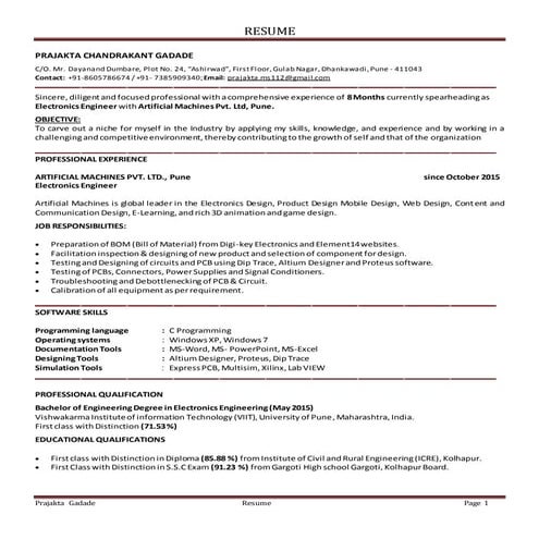 Resume electronics engineer with 8 months experience updated may 9 ...