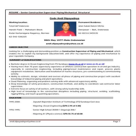 Resume gede andi- construction piping supervisor | PDF