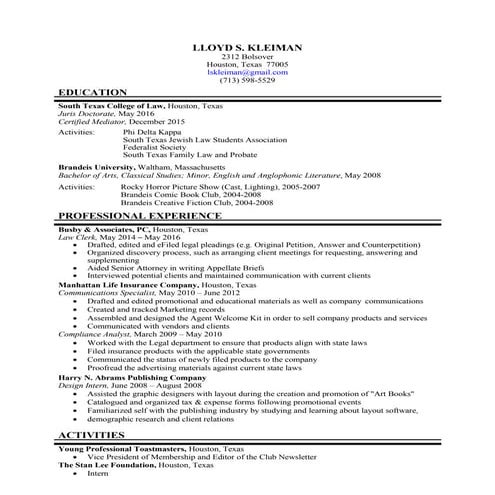Resume lloyd s. kleiman | PDF