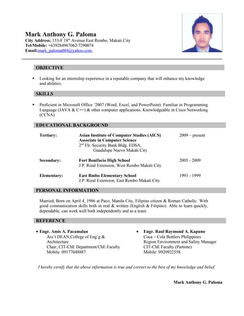Sample Resume for OJT | DOCX | Resume Writing and Advice | Job Search