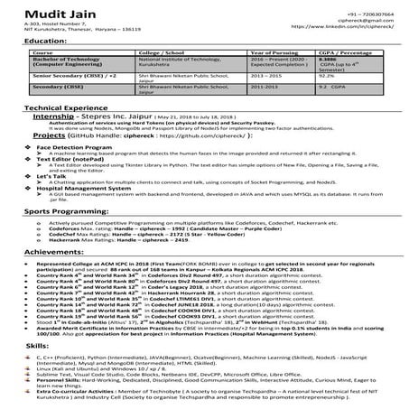 Resume mudit jain | PDF | Computer Software and Applications | Computing