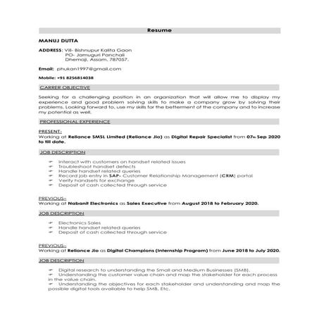 Resume of Manuj Dutta | PDF | Business | Business and Finance
