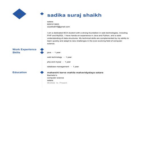 this resume for sadika shaikh bca student | PDF