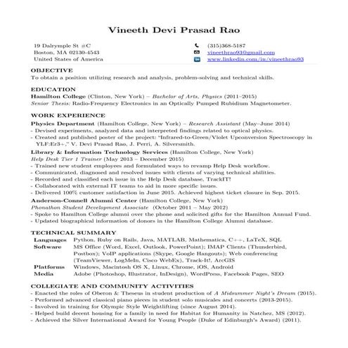 Vineeth's Résumé (updated 16 February 2016) | PDF
