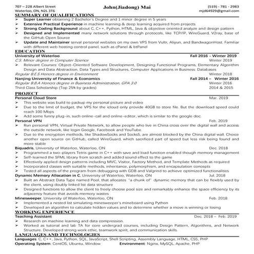 John Mai Resume | PDF | Programming Languages | Computing