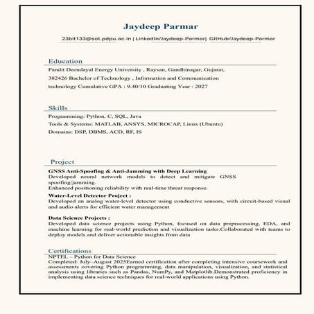 “Resume – Jaydeep Parmar | ICT Engineering Student at PDEU” | PDF