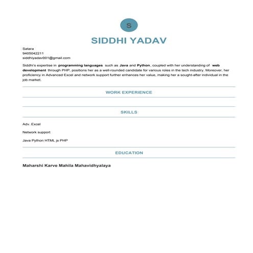Siddhi Yadav - Aspiring Software Developer | BCA | Maharshi Karve Mahila Mahavidyala | PDF