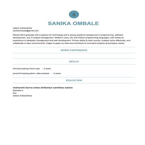 resume of sanika ombale student of bca satara | PDF