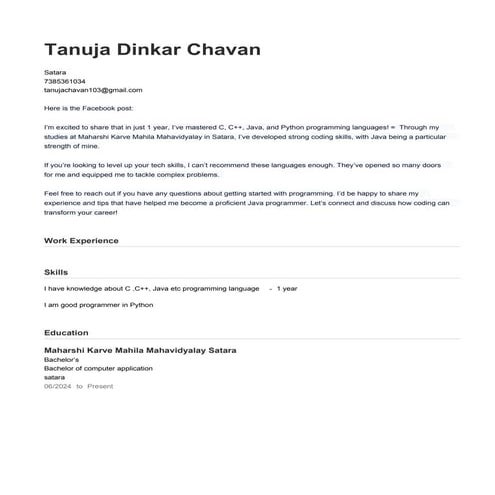 Resume of Tanuja Dinkar Chavan Satara BCA student | PDF