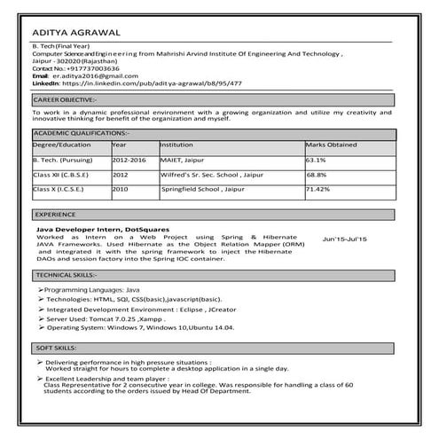 Java Freshers Resume Aditya Agrawal | PDF | Programming Languages | Computing