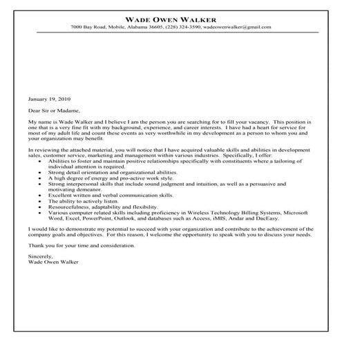 Resume and cover letter for wade walker 2010 | PDF