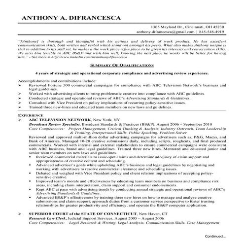 Resume Anthony diFrancesca 3.15.11 Linked In | PDF