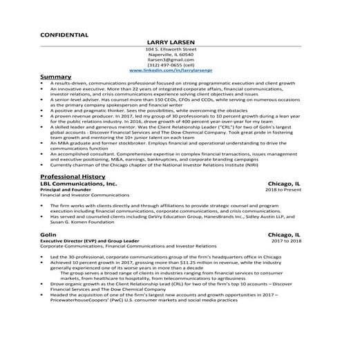 Resume by larry larsen corporate affairs financial communications ...