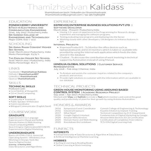 Thamizhselvan Kalidass - Resume | PDF