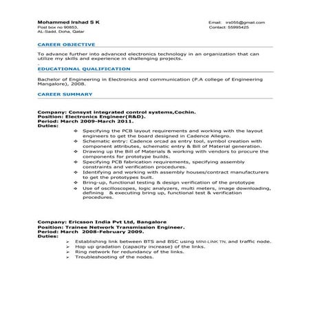 Resume electronics engineer 3years experience | DOC