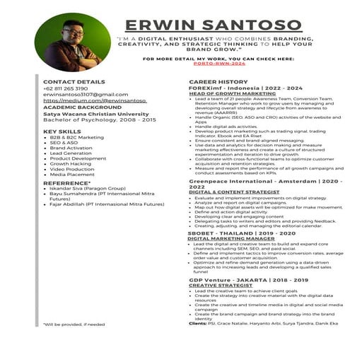 Resume ERWIN SANTOSO in Growth Hacking - 2024 | PDF