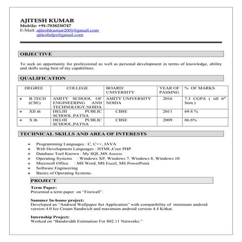 Resume | DOC | Operating Systems | Computer Software and Applications