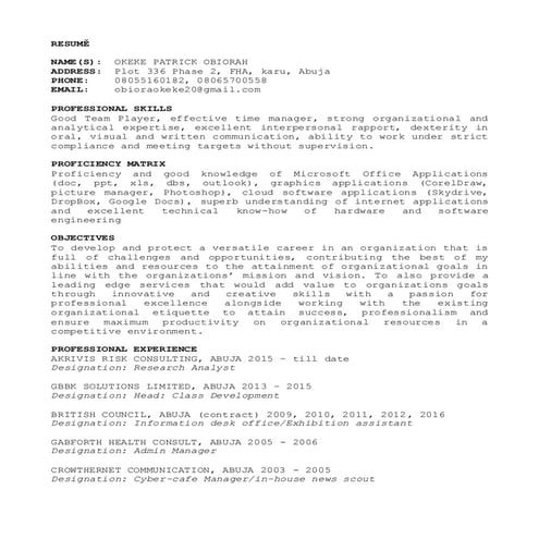 Resume for obiorah okeke 2016 | DOCX