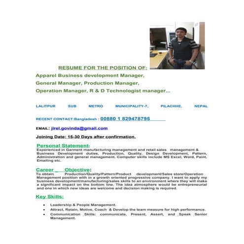 Garment Manufacturing Specialist. | DOC