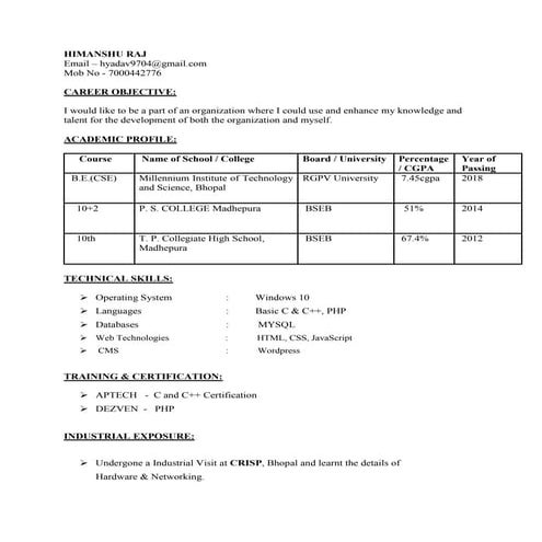 Resume of himanshu (Computer Science Engineer) Fresher | PDF