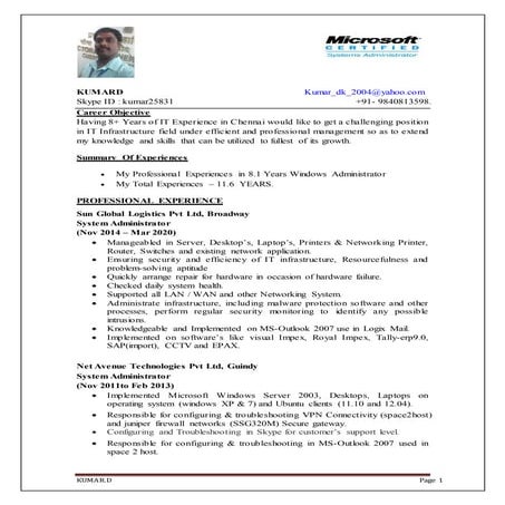 Resume kumar | DOCX | IT and Internet Support | Internet