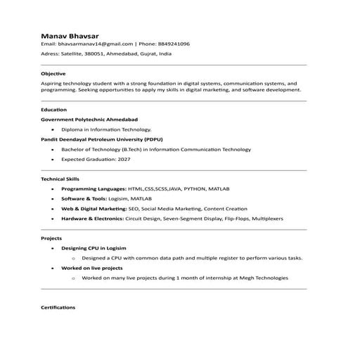 Aspiring technology student with a strong foundation in digital systems, communication systems ...