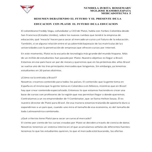Resumen con platzi el futuro de la educacion | DOCX