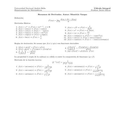 Resumen de Derivadas (Cálculo Diferencial e Integral UNAB) | PDF