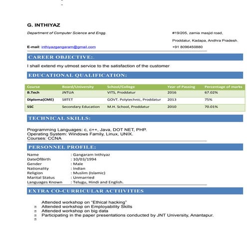 Resume new inthiyaz | RTF