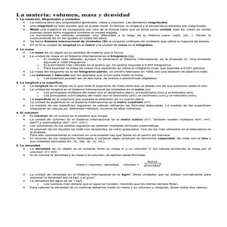 La Materia, Masa, Volumen y Densidad | DOC