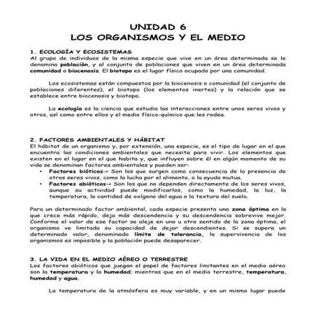 Resumen unidad 6 los organismos y el medio | ODT