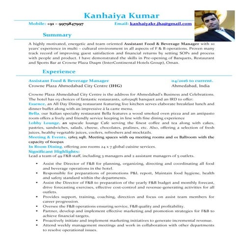 Resume of kanhaiya | PDF | Hospitality Industry | Industries