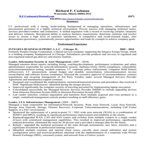 Resume of r. f. cashman upload | DOC | Computer Networking | Computing