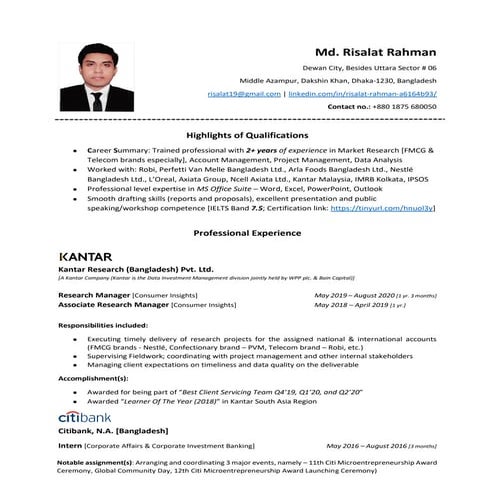 Resume of Risalat Rahman [NSU_MKT] | PDF