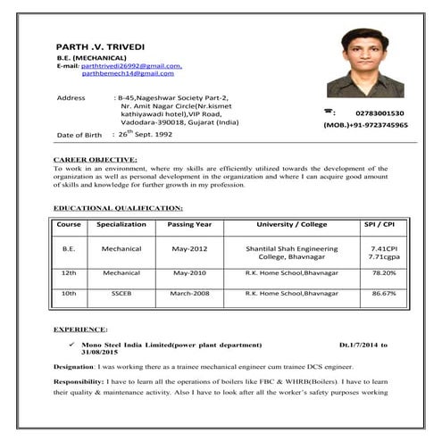Resume parth trivedi b.e. mechanical (1) | DOC