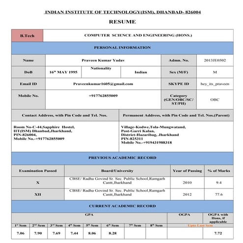 Resume (Praveen Kumar Yadav) | PDF