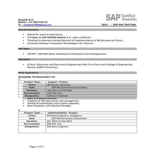 Resume renjith sap _pm | DOC