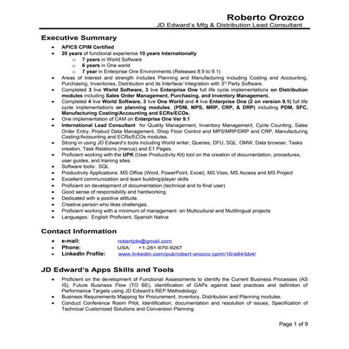 Resume roberto orozco jd edwards mfg & distribution lead consultant | DOC
