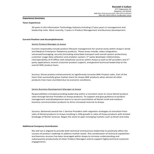 Resume Ronald S Callan Nov 2012 | DOC | Small and Medium-sized Business ...