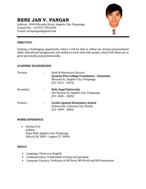 Applicant Resume Sample Objectives