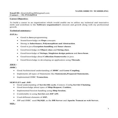 Resume shruti shidling be in cse_2015_completed course on java_jee | PDF