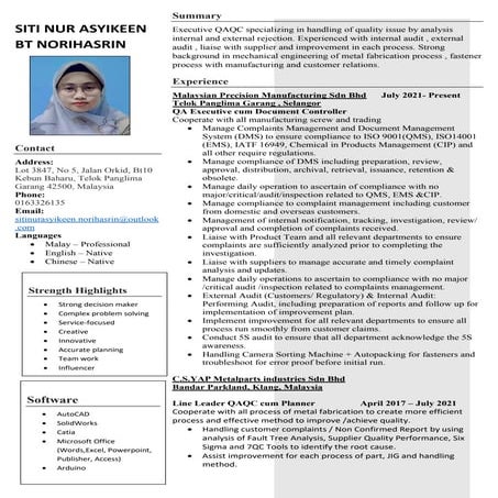 CV/ Resume Siti Nur Asyikeen Bt Norihasrin 2024 | PDF